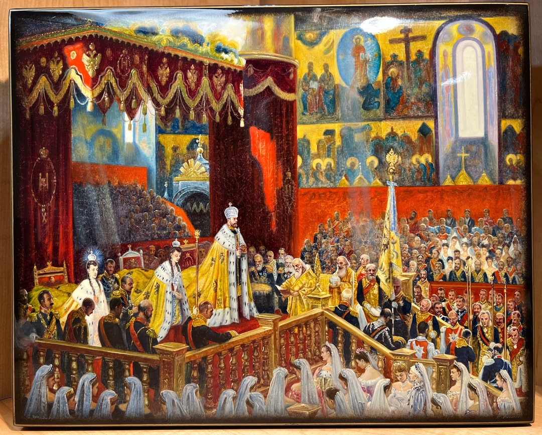 Fedoslino Lacquer Box the Coronation of Nicholas II Last Czar 13" X 10 ...