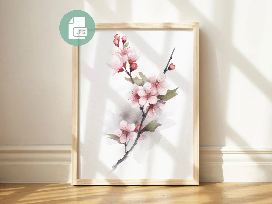 Cherry Blossom Digital Art Vintage Botanical Painting Watercolor Print ...
