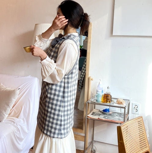 Gray / Black Checkered Aprons W/ Frills, Buffalo Plaid Kitchen Apron ...