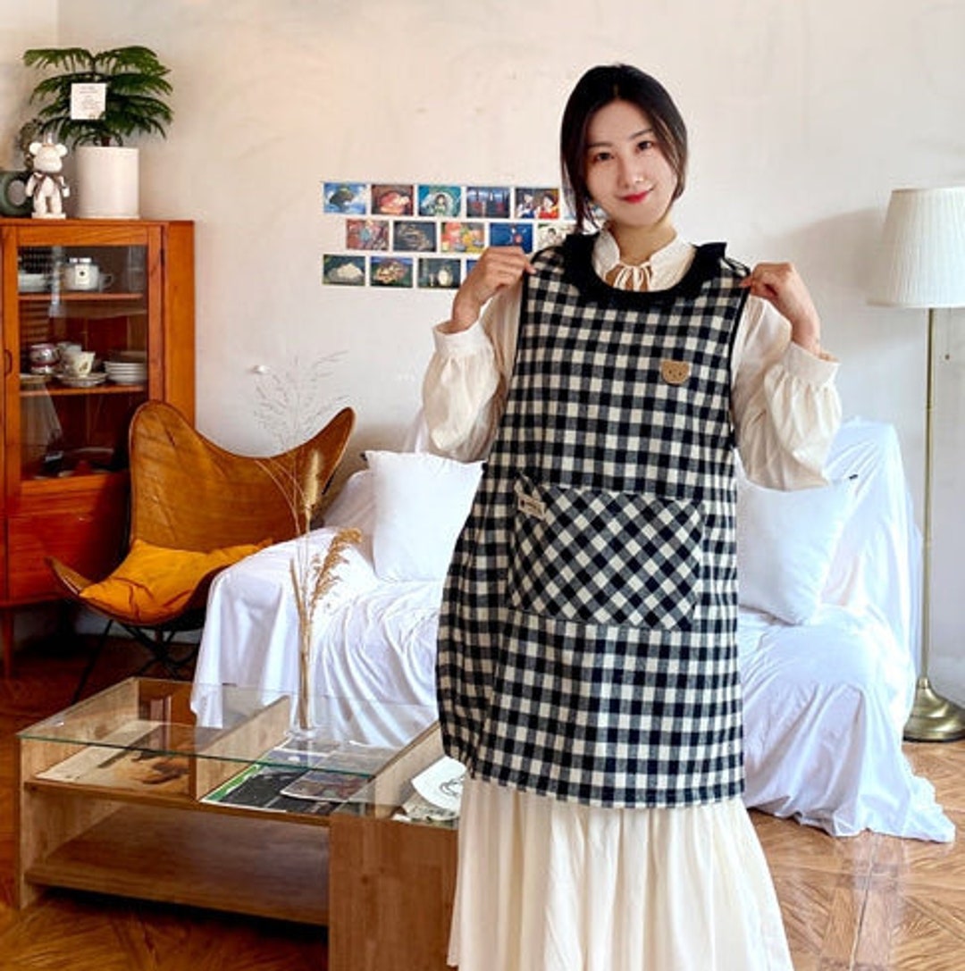Gray / Black Checkered Aprons W/ Frills, Buffalo Plaid Kitchen Apron ...