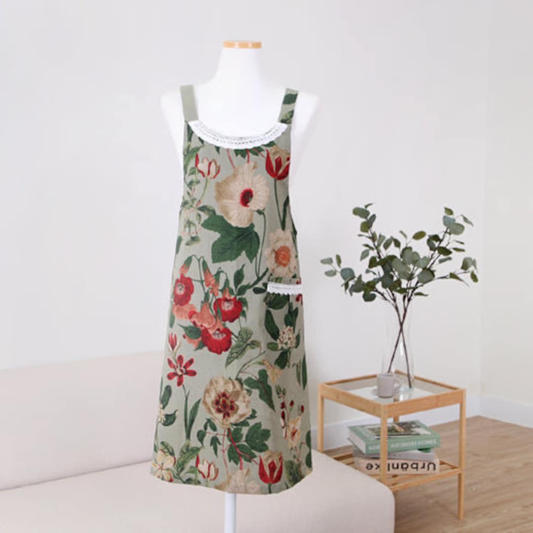 Prima Long Apron for Women, Korean Style Floral Apron With Pocket, 100% ...