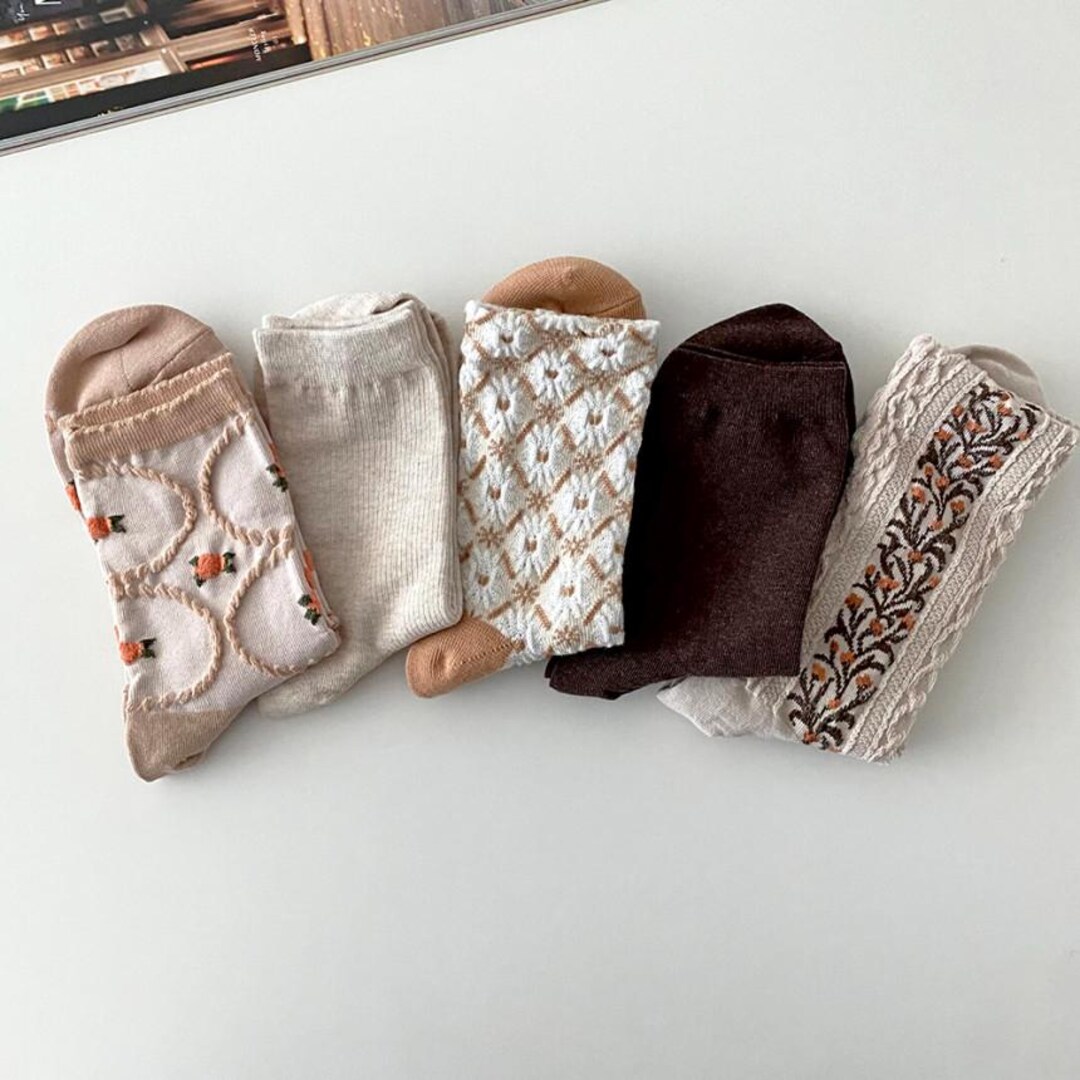 Daily Women Socks, Beige Flower Set, 5-pack Cute Socks Set, Cozy Animal ...