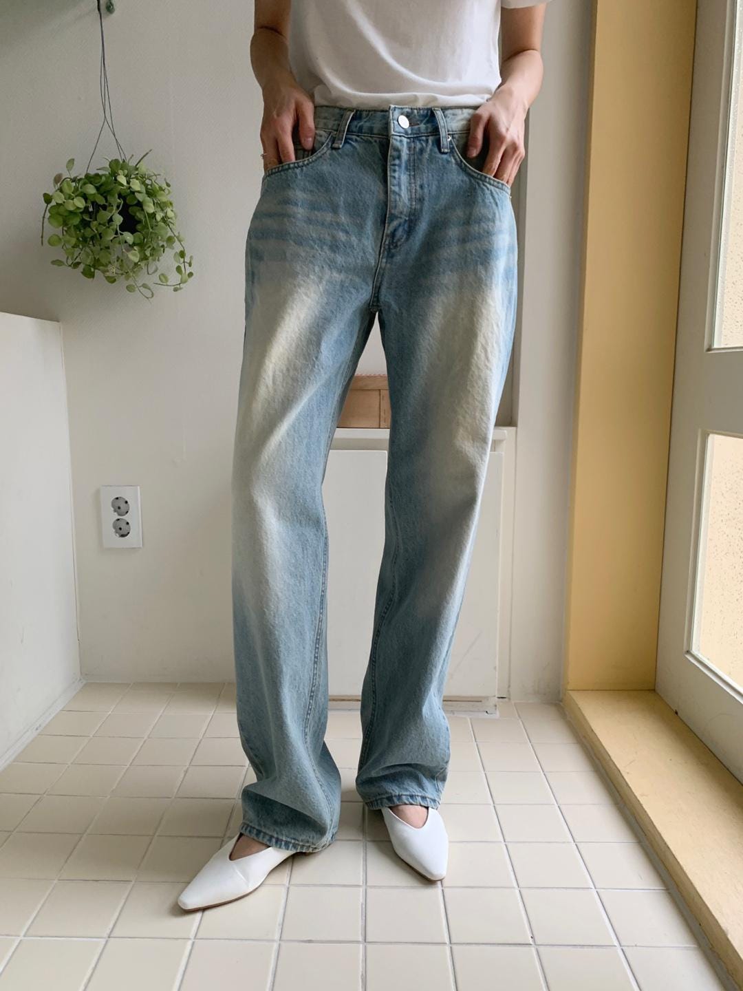 Wide-leg High-waisted Sand Wash Denim Jeans – Light Blue, Korean Style ...