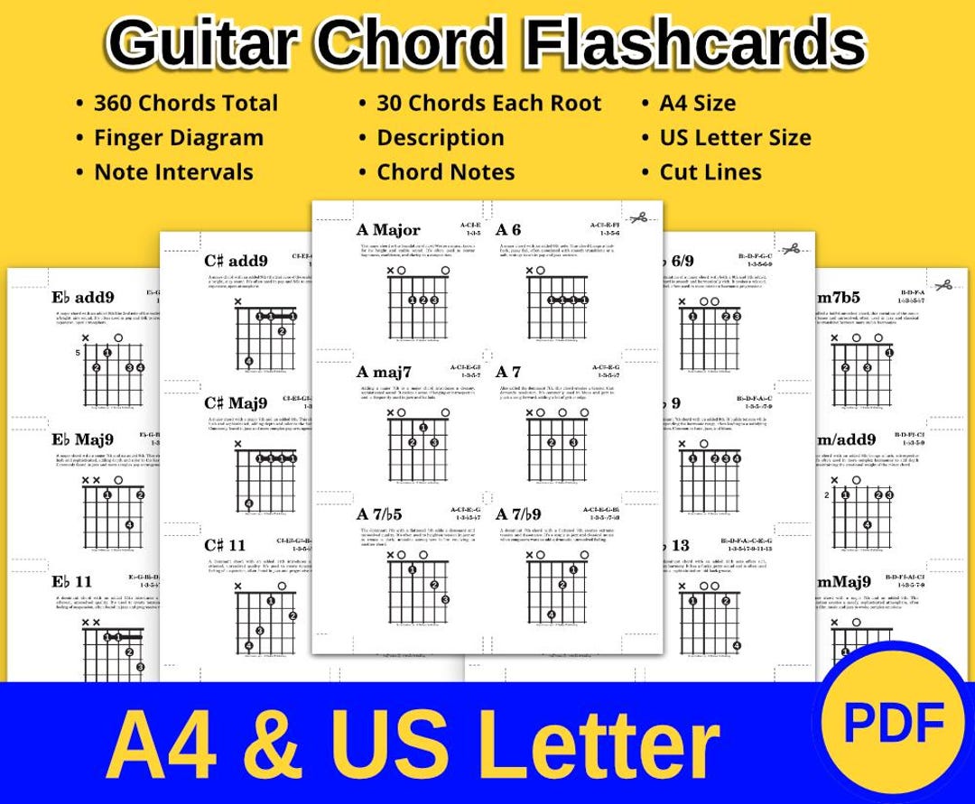 360 Printable Guitar Chord Flashcards | Music Theory | 30 Chords Each ...