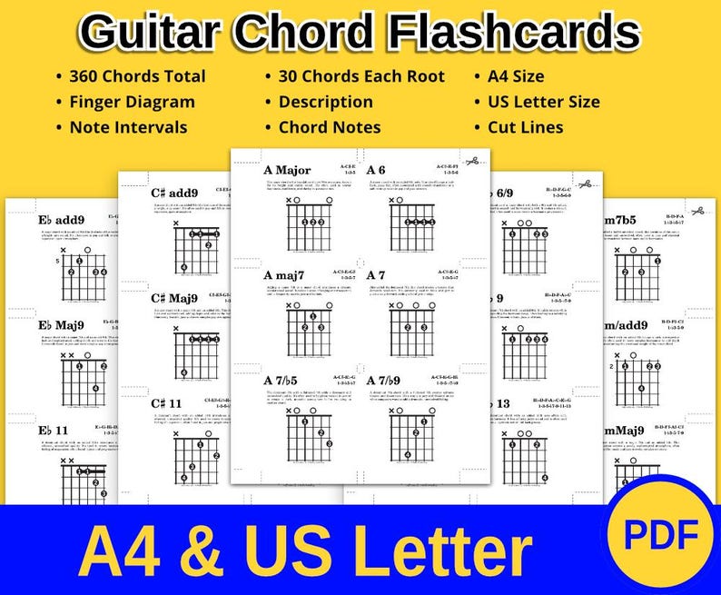 360 Printable Guitar Chord Flashcards | Music Theory | 30 Chords Each ...