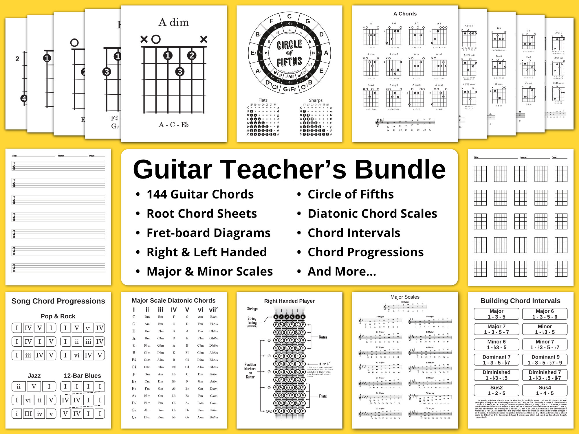 Guitar Printable Diagram Bundle - 144 Guitar Chords, Circle of Fifths ...