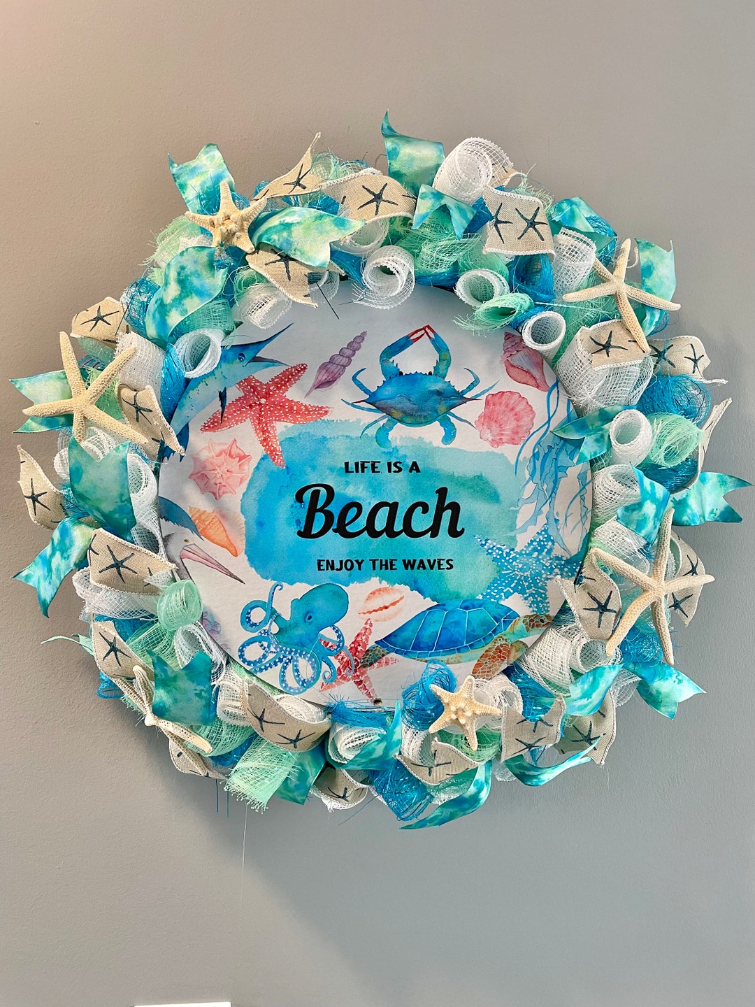 Beach Themed Deco Mesh Wreath Etsy