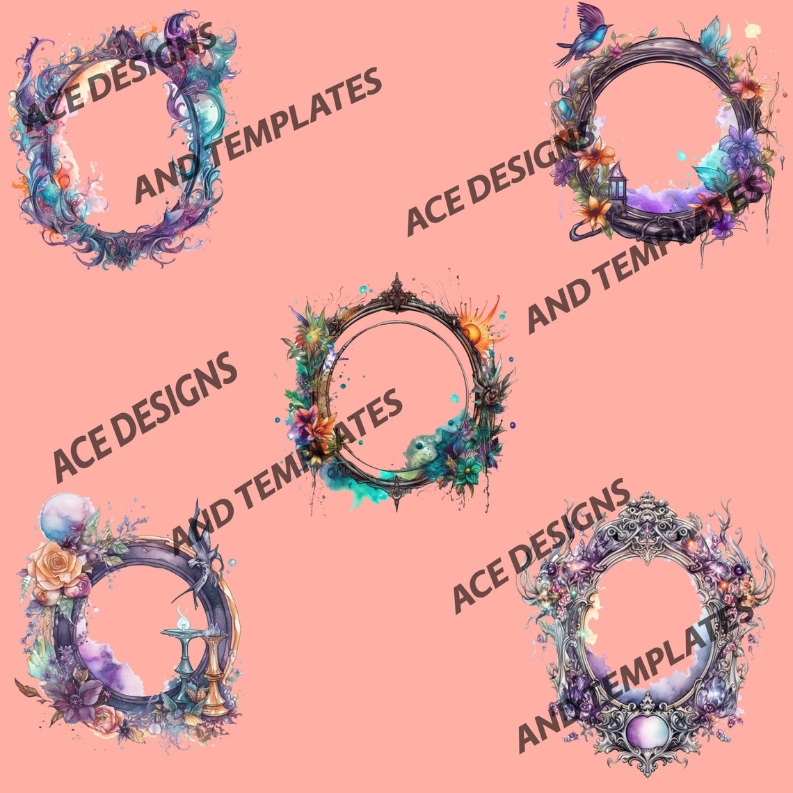 Watercolor Magical Frames Clip Art Mystical Clip Art Digital Frames PNG ...