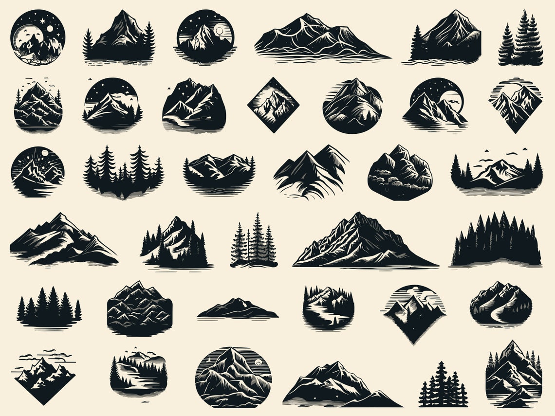 Mountains Collection Block Print Style Vector Files Png, Eps, Svg, Pdf ...