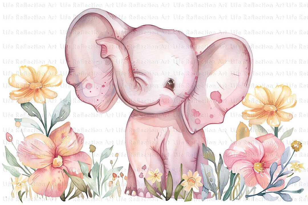 Cute Pink Baby Elephant Clipart Printable Floral Watercolor Image on ...