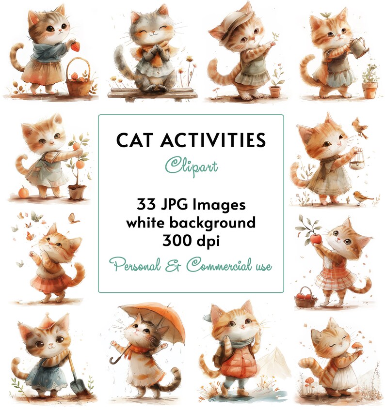 Cute Cat Activities Clipart Digital Graphics for Commercial Use 42 JPG ...