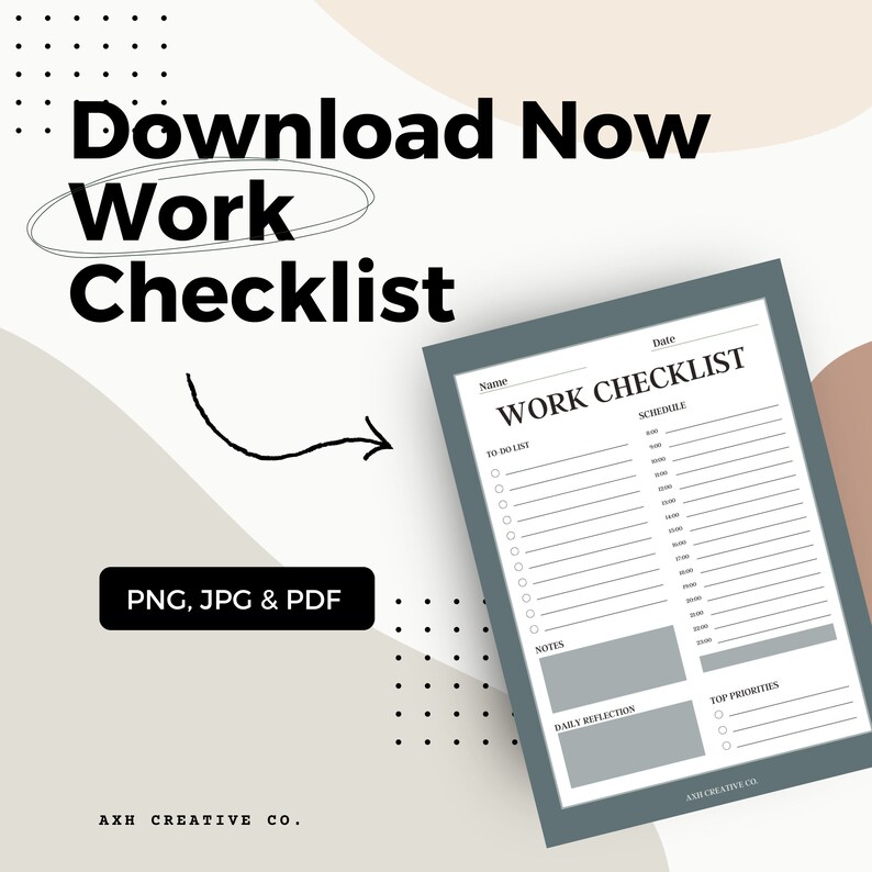 Work Checklist Template-blank Checklist-workday Organizer Planner-work ...