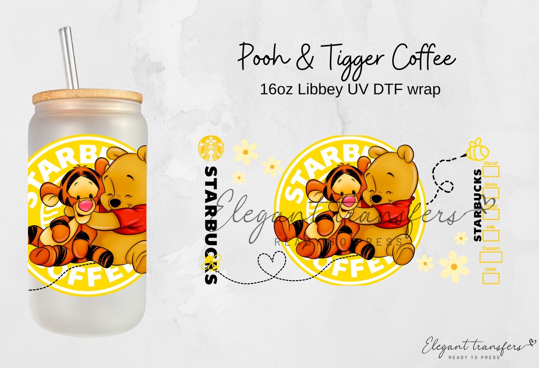 Pooh & Tigger Coffee Wrap UV DTF 16oz Libbey Glass Can Ready to Apply ...