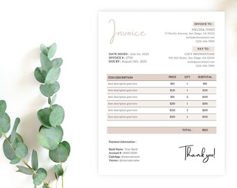 Simple Invoice Template, Editable Canva Business Template, Boho ...