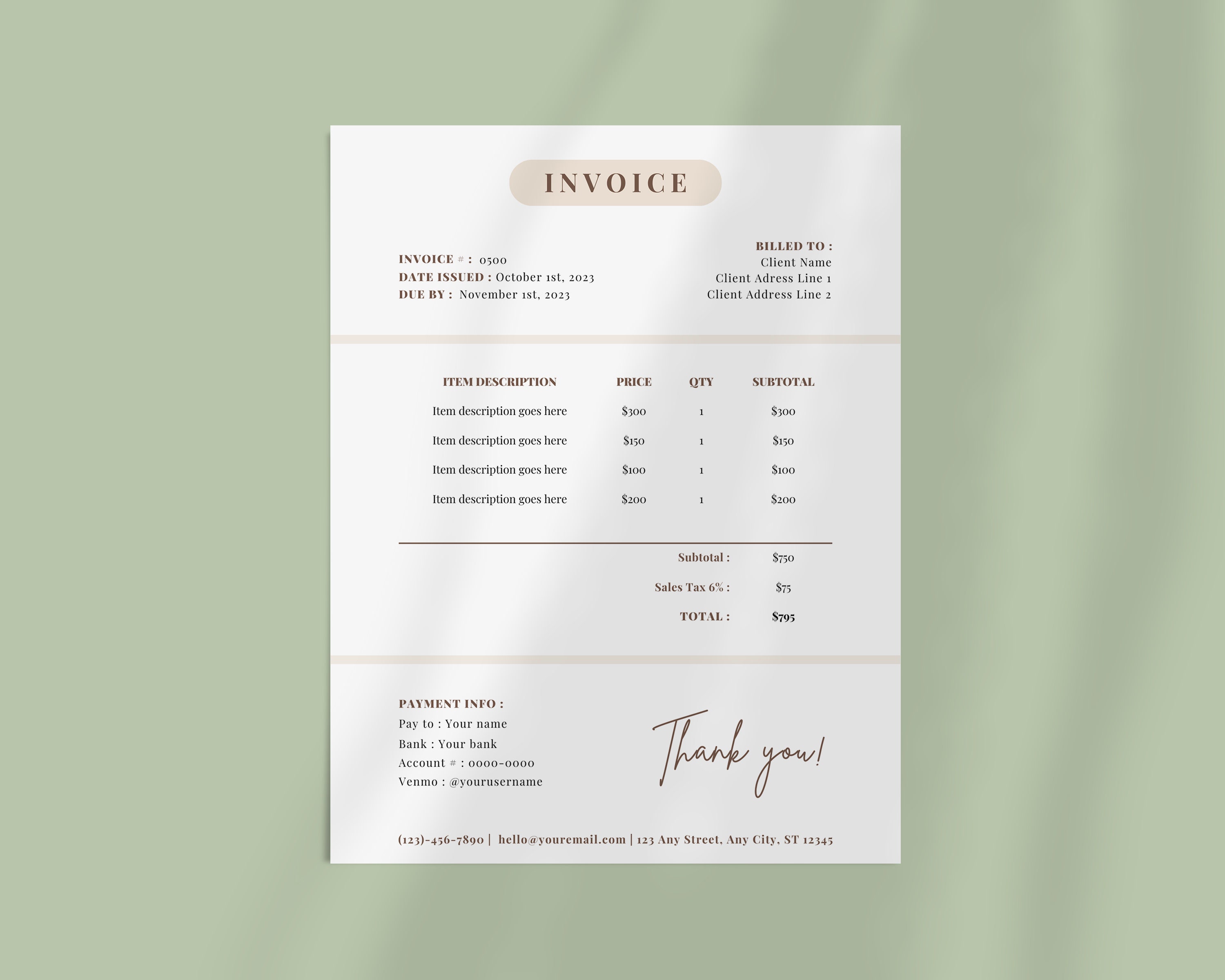 Simple Invoice Template, Editable Canva Business Template, Boho ...