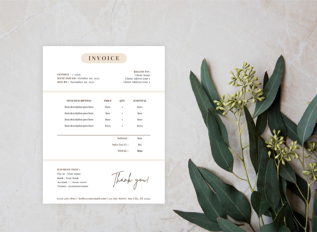 Simple Invoice Template, Editable Canva Business Template, Boho ...