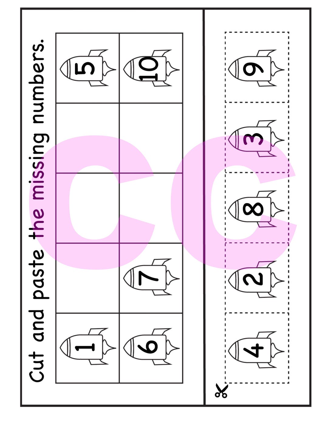 Cut and Paste Missing Numbers 1–10 Worksheet -rocket Theme Math ...