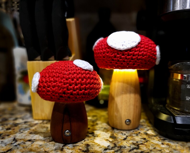 Mushroom Lamp With Crotchet Top, Cute Wood Lamps, 3 Color Settings for ...