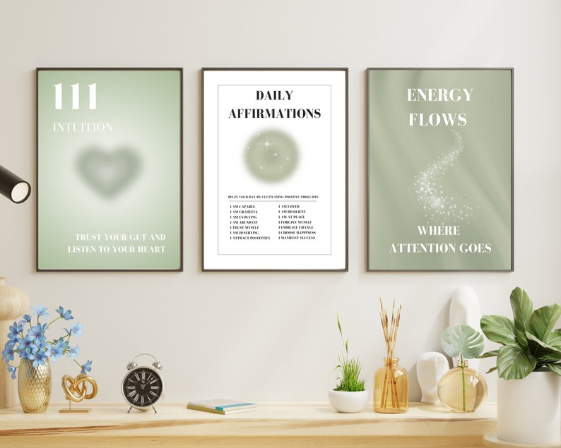 Green Angel Aura Poster, Set of 3 Affirmation Poster, Sage Green Wall ...
