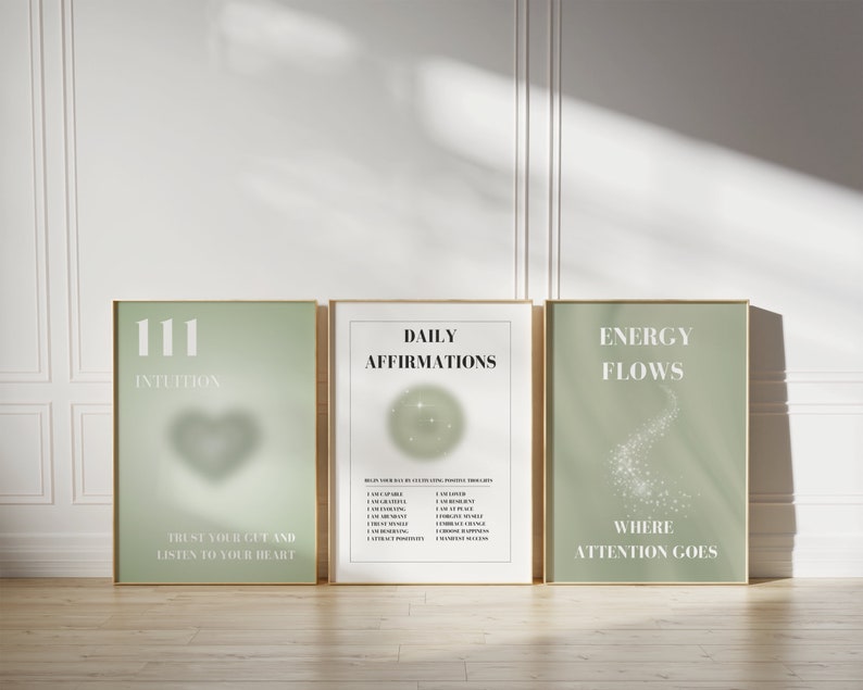 Green Angel Aura Poster, Set of 3 Affirmation Poster, Sage Green Wall ...