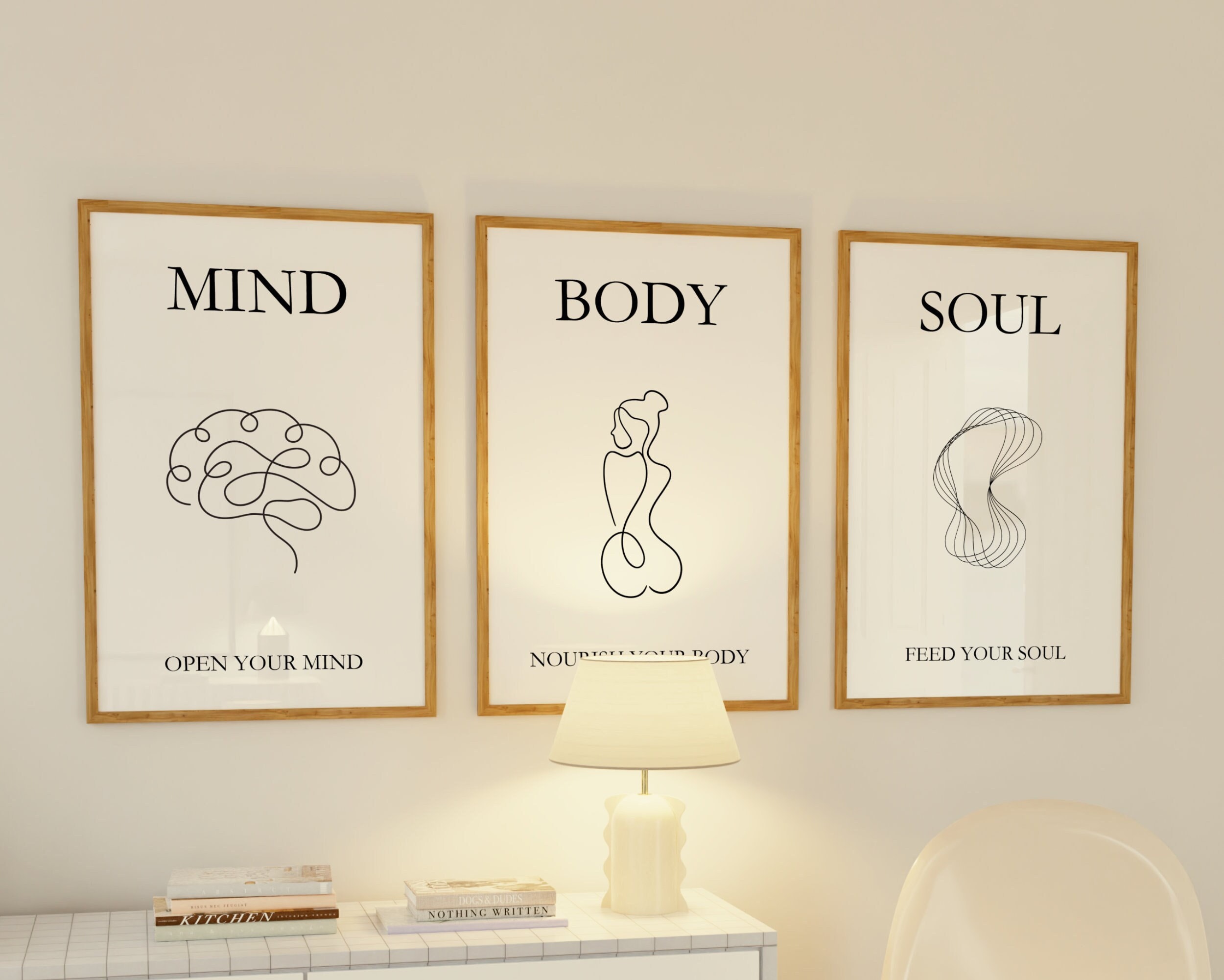 Mind Body Soul, Set of 3 Line Art Print, Trendy Spiritual Wall Art ...