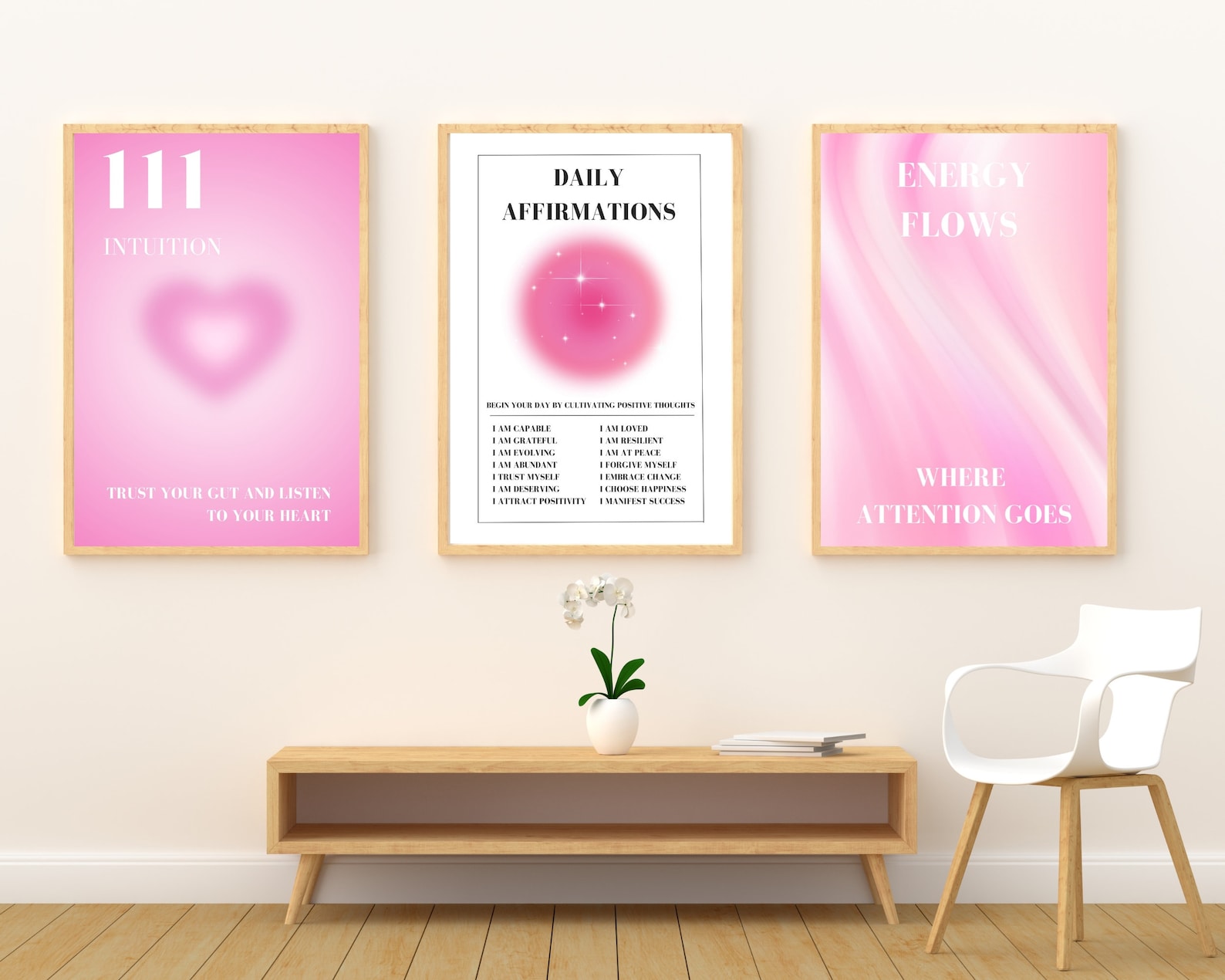Pink Angel Aura Poster Set, Set of 3 Affirmation Poster, Spiritual Wall ...