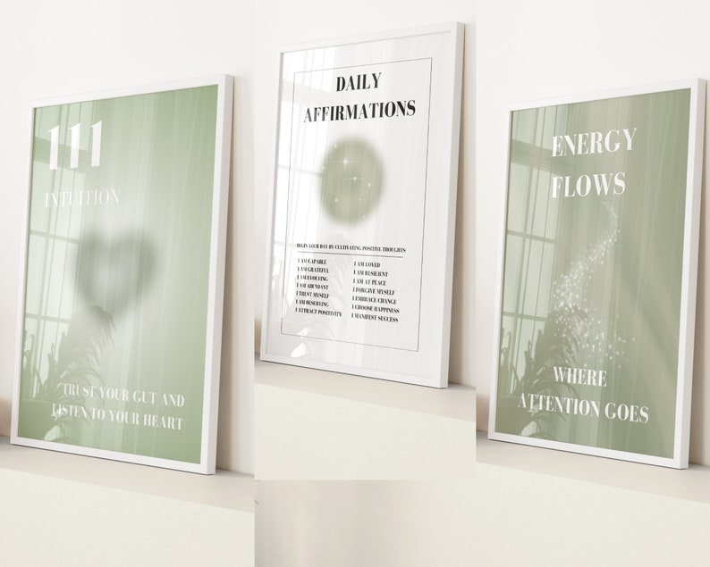 Green Angel Aura Poster, Set of 3 Affirmation Poster, Sage Green Wall ...
