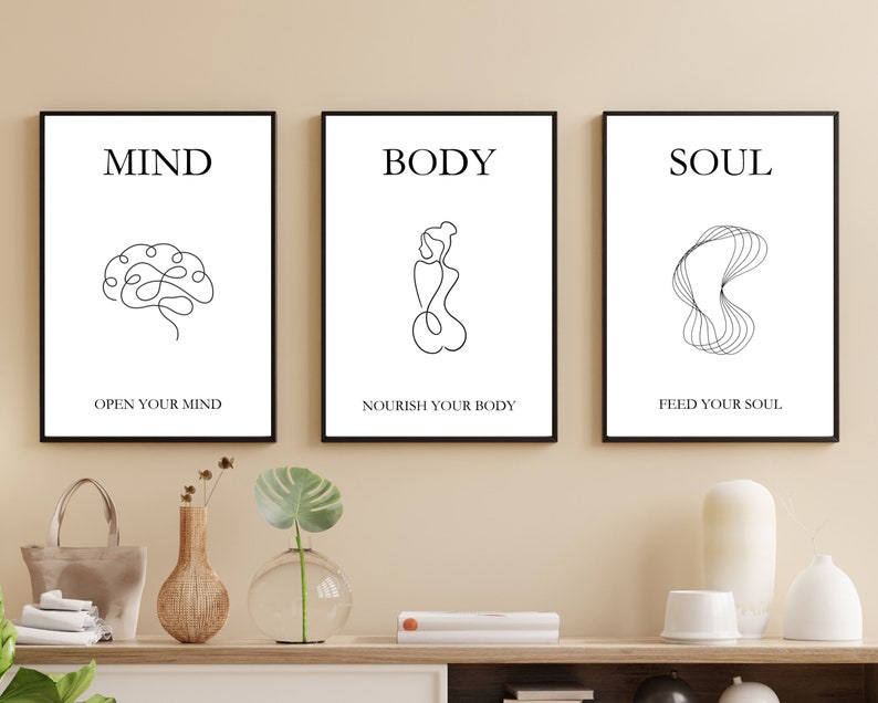 Mind Body Soul Set of 3 Line Art Print Trendy Spiritual Wall - Etsy