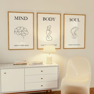 Mind Body Soul, Set of 3 Line Art Print, Trendy Spiritual Wall Art ...