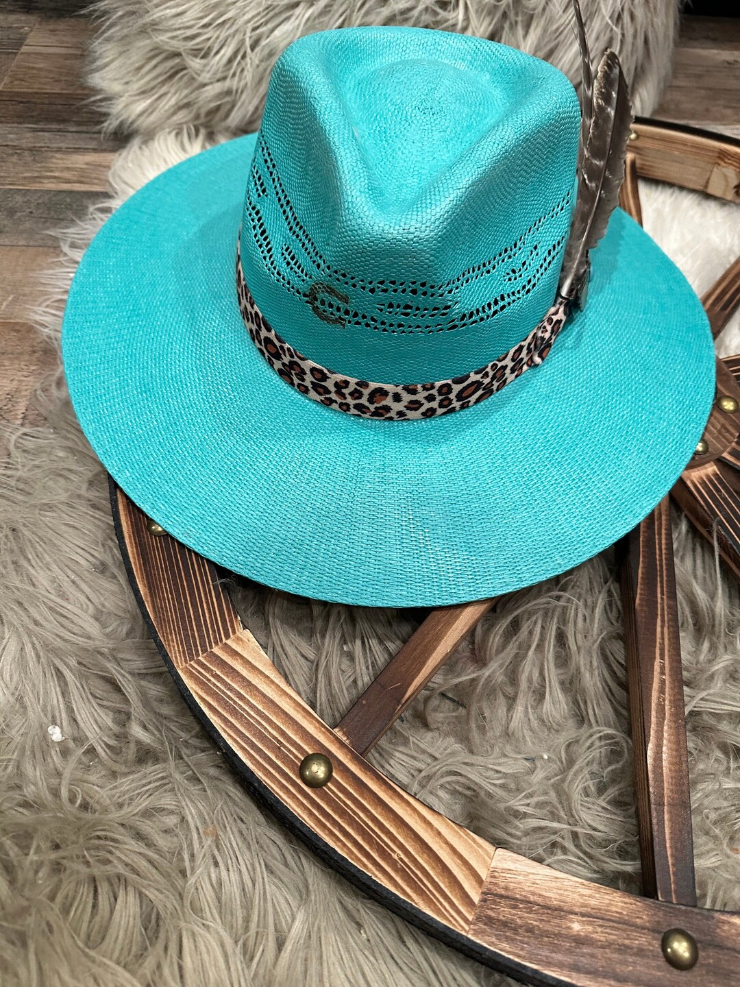 Here Kitty, Charlie 1 Horse Turquoise Straw Hat: Leopard Band, Feather ...