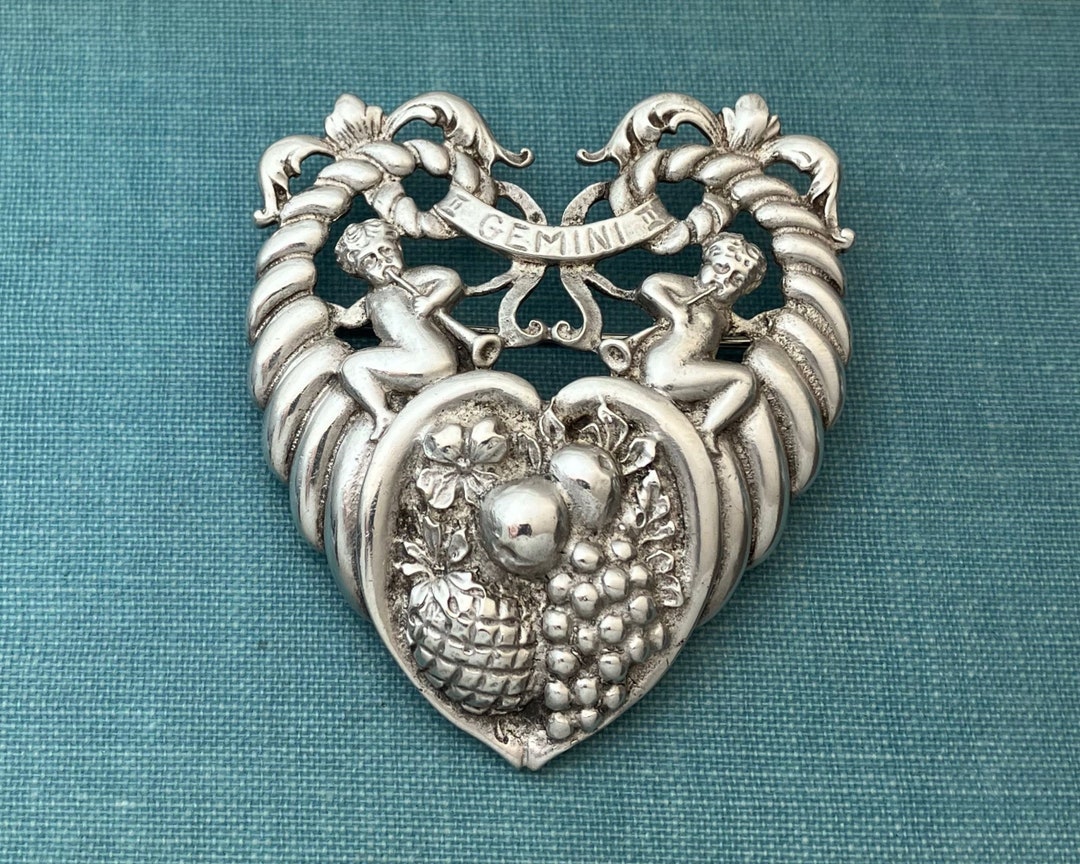Vintage Large Gemini Zodiac Heart Brooch Sterling Silver by Cini - Etsy