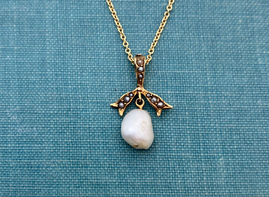 Vintage 14K Gold Pearl Drop Pendant Necklace - French Ribbon Accent - Etsy