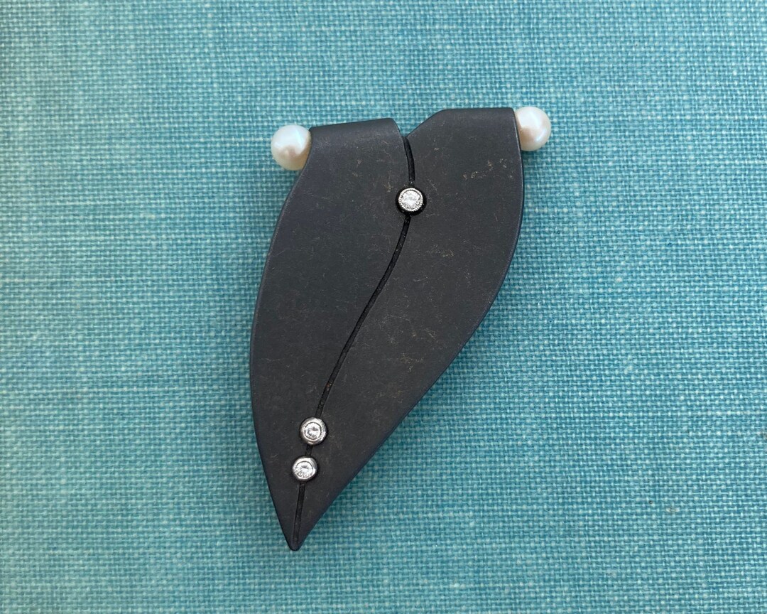 Marsh and Co. Blackened Steel Leaf Brooch With Pearl and Diamond ...