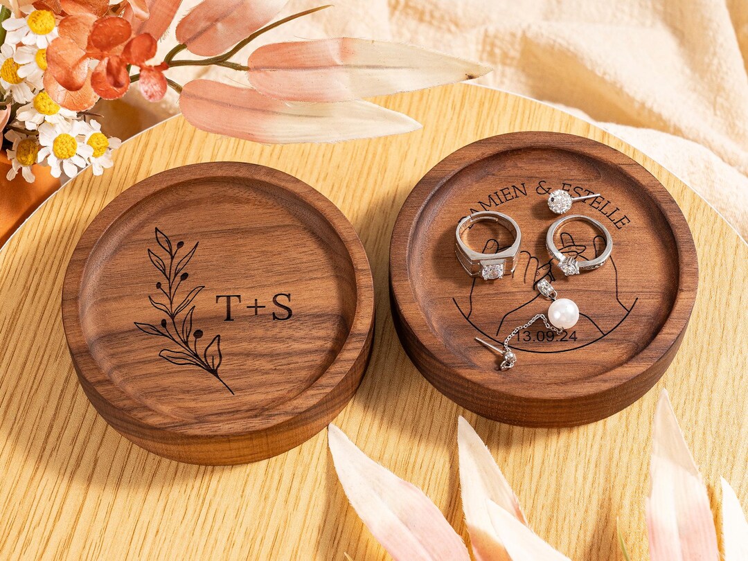 Personalized Round Wood Ring Dish, Engagement Ring Holder, Wedding Ring ...
