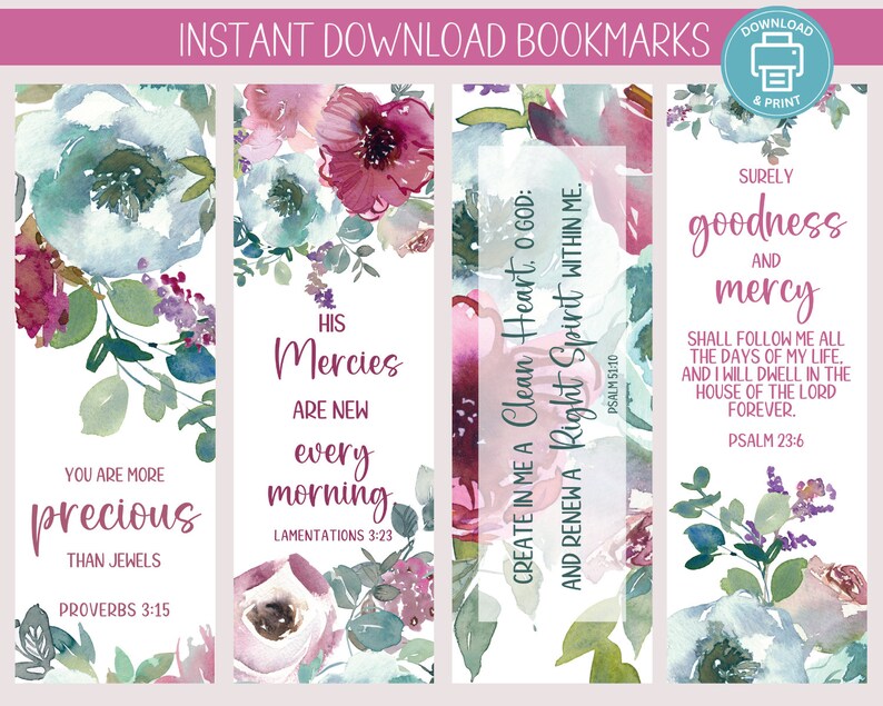 Printable Bible Verse Bookmarks, Floral Christian Gift (digital ...