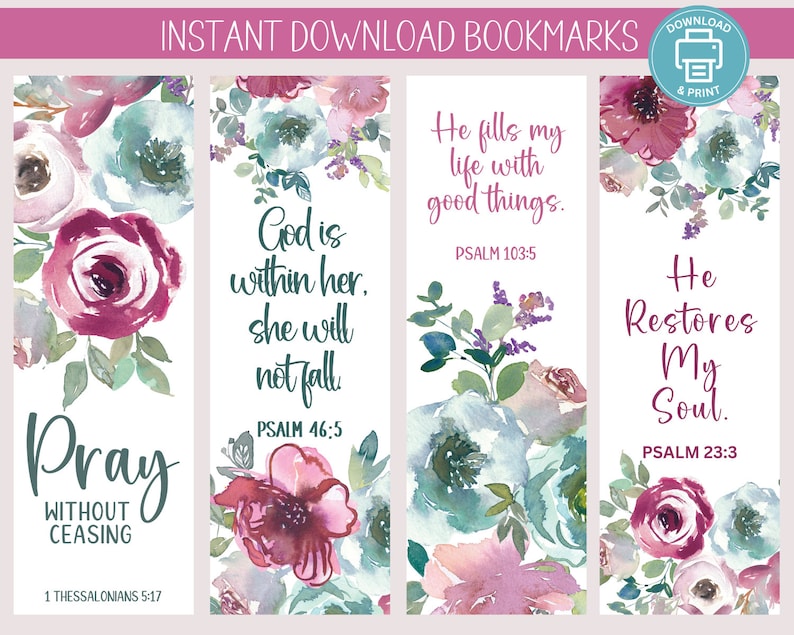 Printable Bible Verse Bookmarks, Floral Christian Gift (digital ...