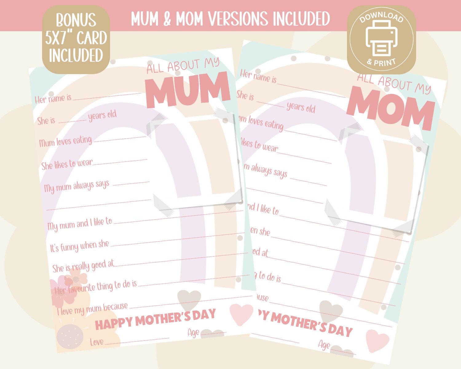 All About My Mum Printable, All About Mom, Mother's Day Gift, Mother's ...
