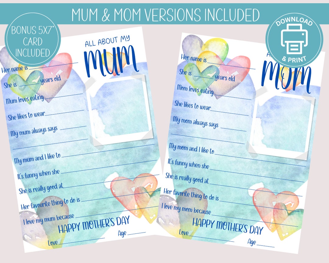 All About My Mum Printable, All About Mom, Mother's Day Gift, Mother's ...