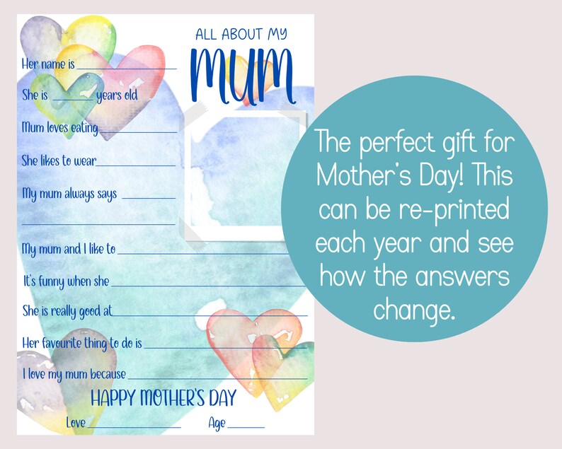 All About My Mum Printable, All About Mom, Mother's Day Gift, Mother's ...