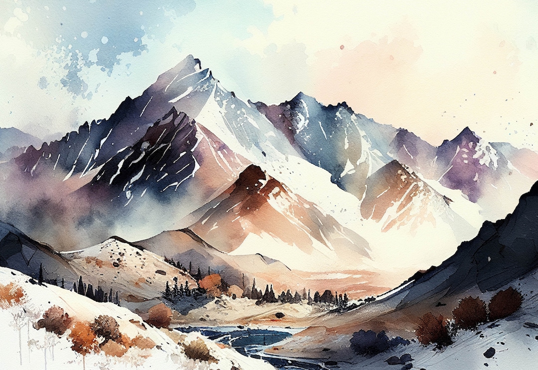 Watercolor Art, Mountain Range, Soothing Natural Landscape, Printable ...