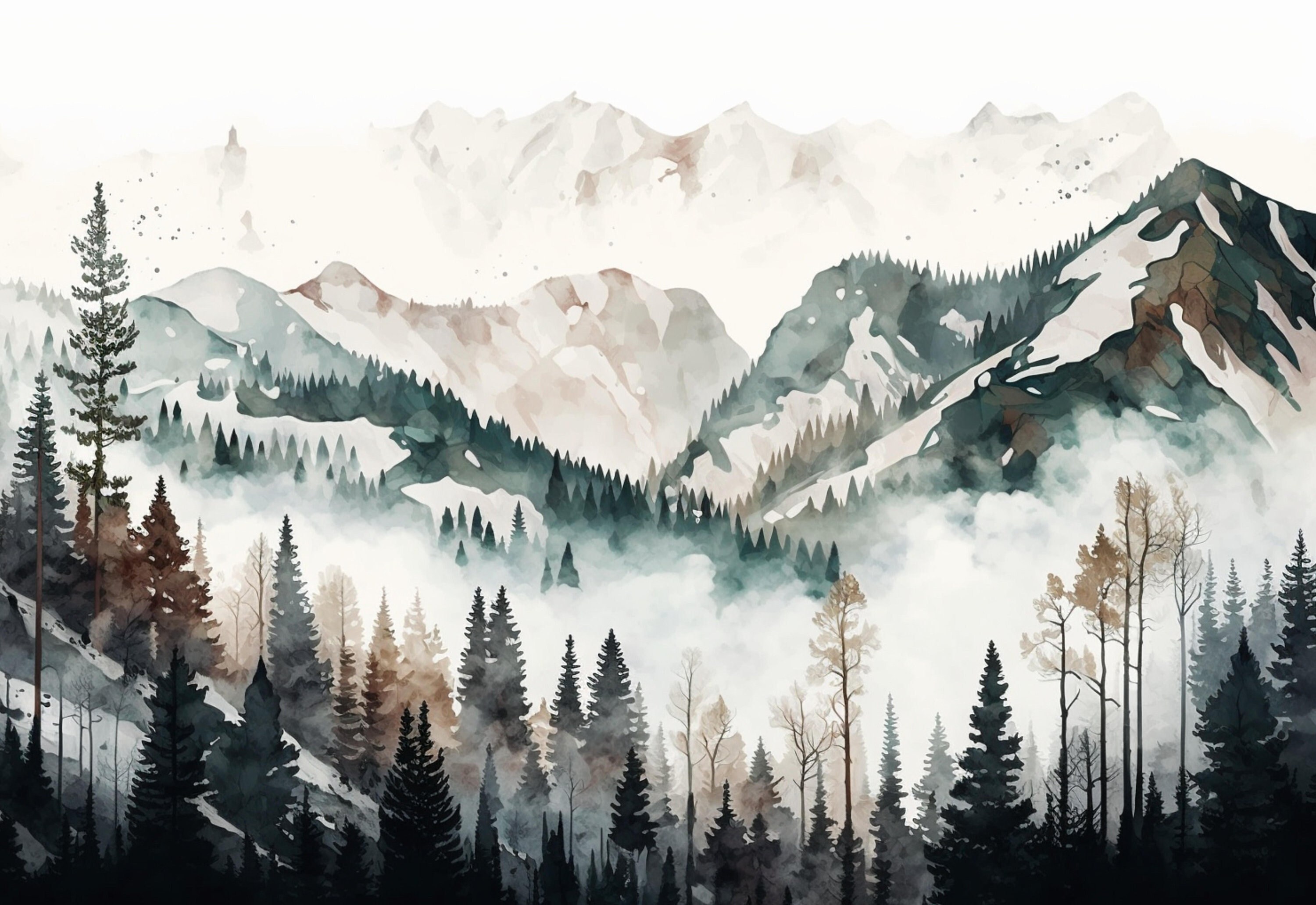 Watercolor Art, Mountain Range, Soothing Natural Landscape, Printable ...