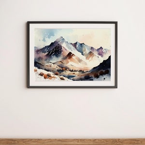 Watercolor Art, Mountain Range, Soothing Natural Landscape, Printable ...