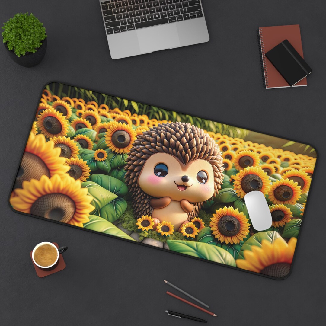 Kawaii Hedgehog Desk Mat: Sunflower Field, Home Office Decor - Etsy
