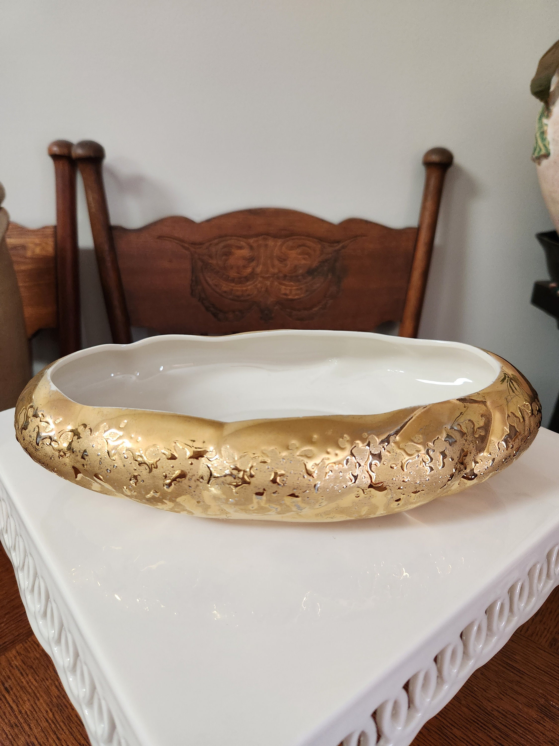 Weeping Gold Nugget Oblong Porcelain Bowl. 22 KT Gold Hand Decorated ...