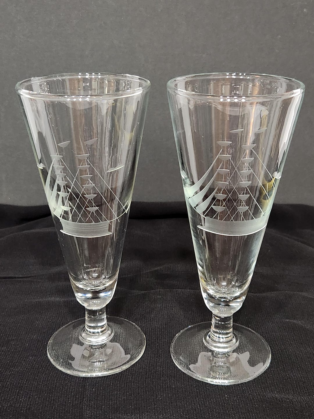 2 Pc Set Vintage Pilsner Beer Glasses Clipper Ship Etched Nautical ...