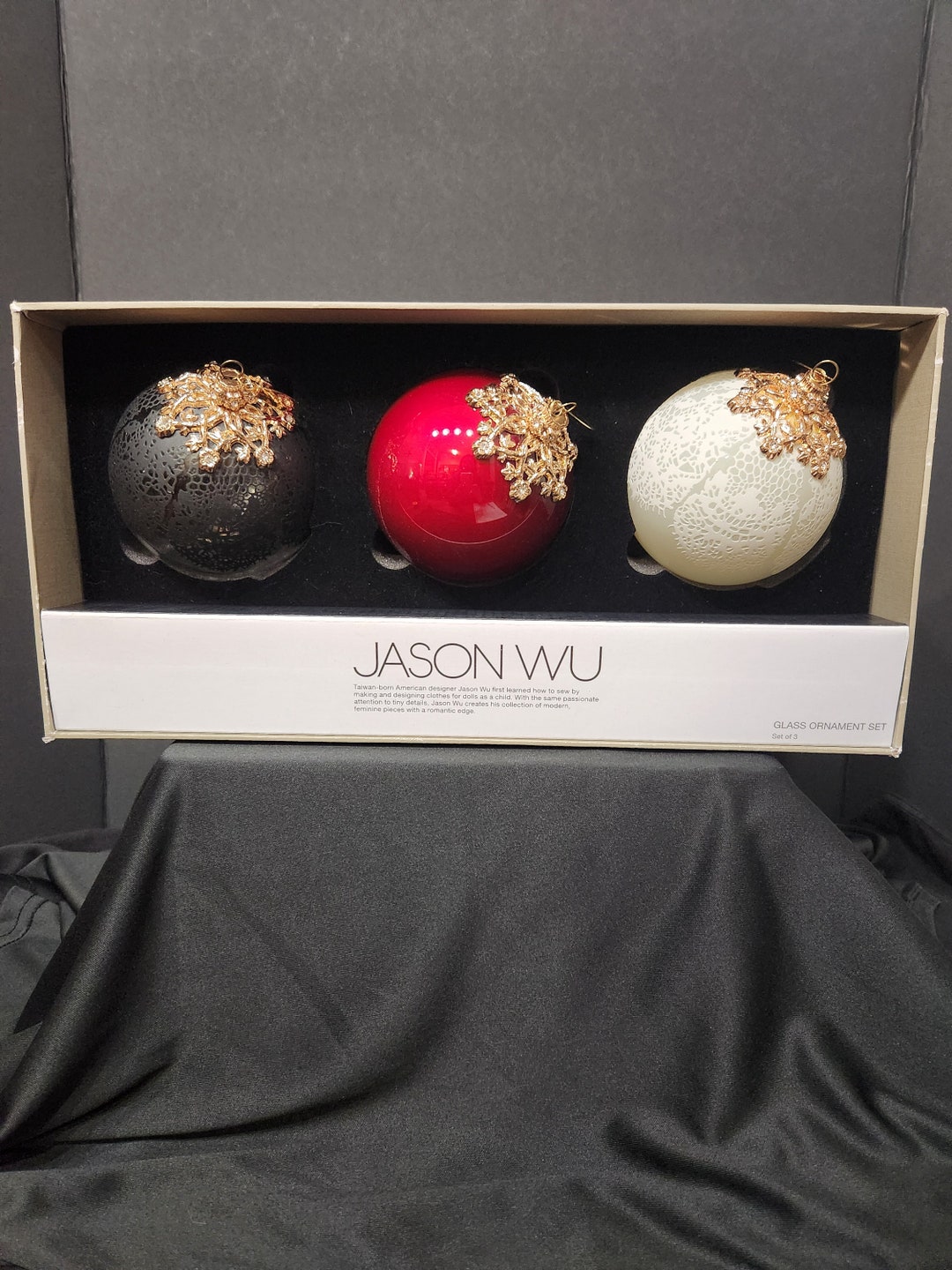 3 Pc Jason Wu Hand Blown Christmas Ornaments, White Lace on Smokey ...