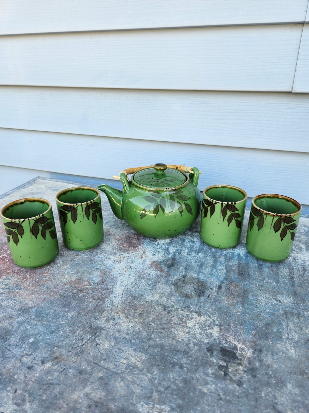 5 Pc Baifu Japanese Asian Tea Set. Green With Darker Green Bamboo ...