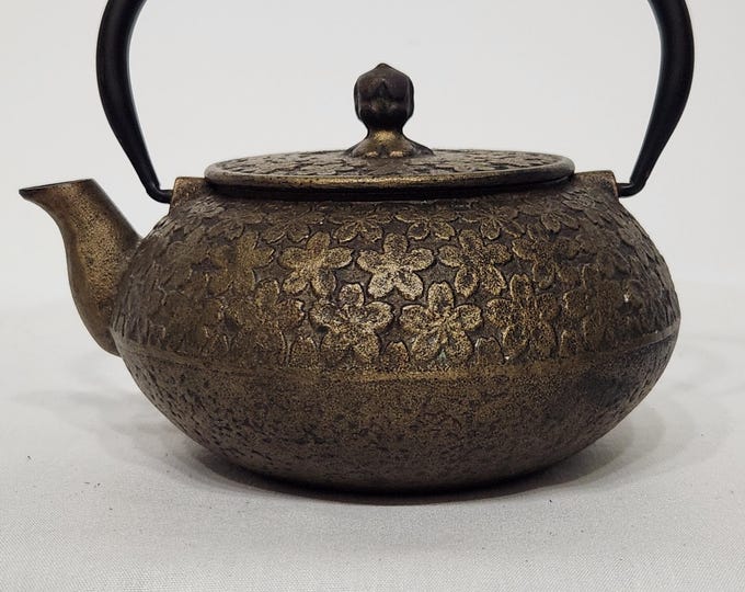 Cast Iron Japanese Metal Teapot, Brass, Metal Black Handle, Floral ...