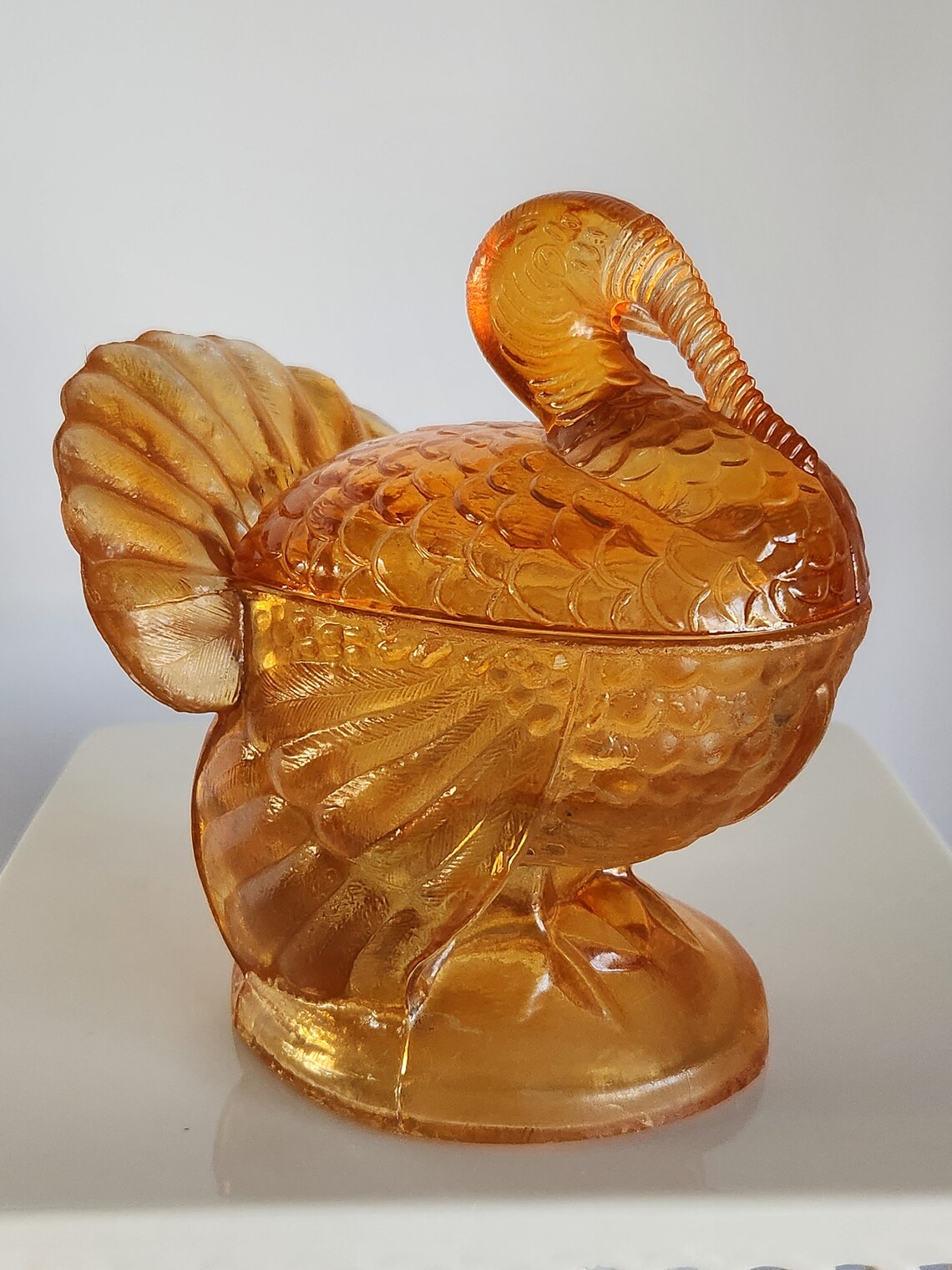 L E SMITH Turkey Golden Amber Art Glass Lidded Candy Trinket Dish 1950s ...