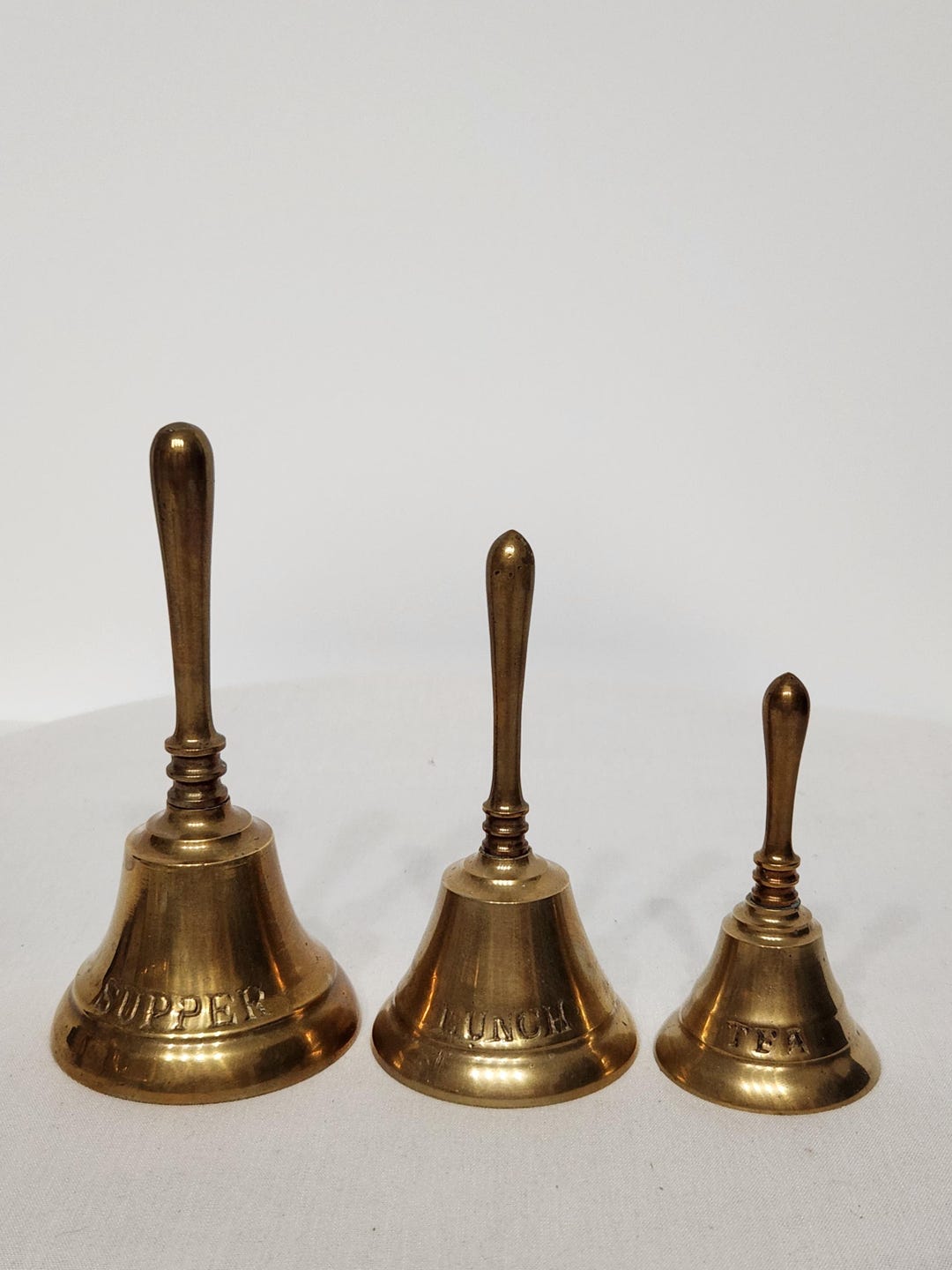 3 Pc Set Solid Brass Bells, Marked Supper, Lunch, Tea, 3 Different ...